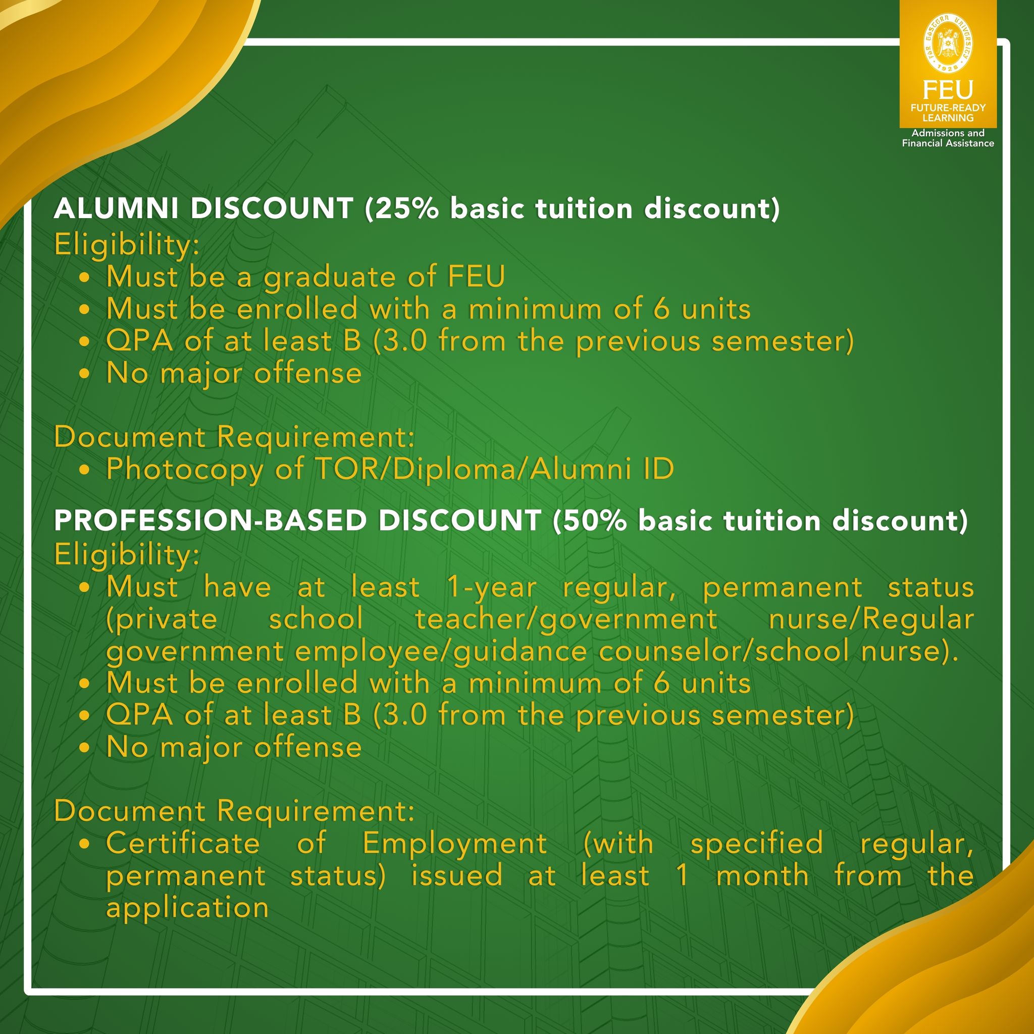 Graduate Studies Tuition Discount • Far Eastern University