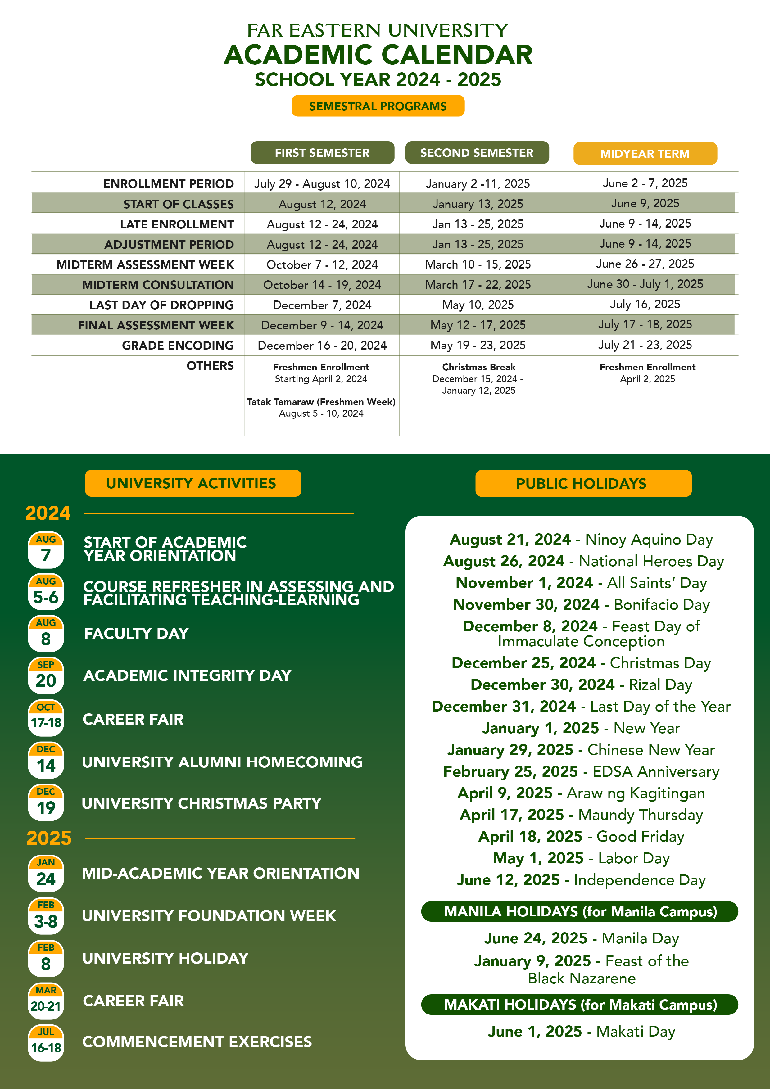 Academic Calendars for SY 2024-2025 • Far Eastern University